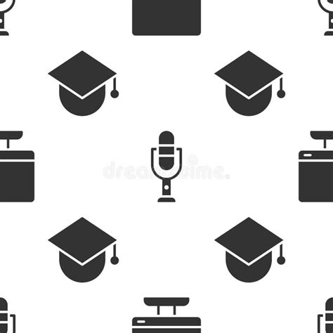 Set Computer Monitor Screen Microphone And Graduation Cap On Globe On Seamless Pattern Vector