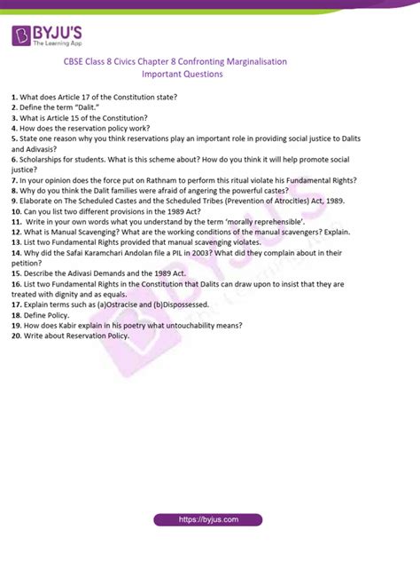 Cbse Class 8 Civics Chapter 8 Confronting Marginalisation Important Questions Pdf