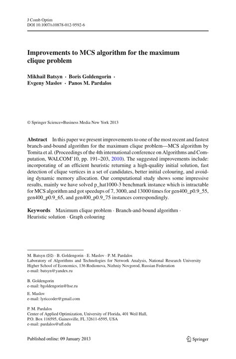 PDF Improvements To MCS Algorithm For The Maximum Clique Problem