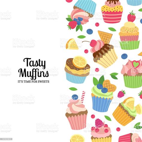 장소에 대 한 텍스트 설명 벡터 귀여운 만화 머핀 이나 컵 케이크 배경 다중 색상에 대한 스톡 벡터 아트 및 기타 이미지 다중 색상 아침 식사 초대장 Istock