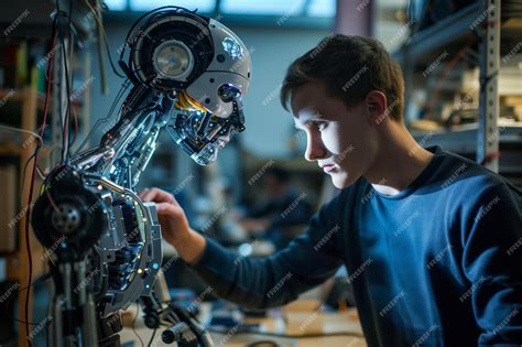 Premium Photo Robotics Engineer Programming Humanoid Robot With