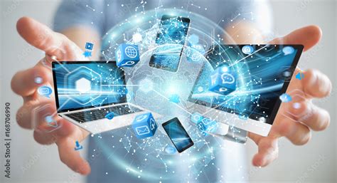 Tech Devices Connected To Each Other By Businessman 3d Rendering Stock
