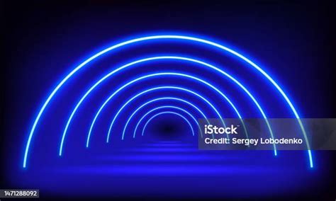 연단 도로 받침대 파란색 배경에 네온 발광 광선이 있는 형태의 플랫폼 경치 좋은 조명이있는 무대 추상 3d 네온 배경 네온 마법의 모션 조명 반원 벡터 그림 0명에 대한