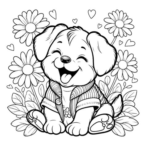 Раскраска Щенок хохочет в ромашках распечатать или скачать Раскраски Рисунки Контурные рисунки