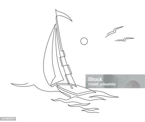 바다 파도에 요트 맑은 하늘의 갈매기 연속 선 그리기 벡터 일러스트레이션 흰색 배경에 고립 범선 레크리에이션 선박에 대한 스톡 벡터 아트 및 기타 이미지 Istock