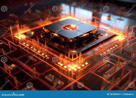 Close Up Of Quantum Computer Chip With Glowing Circuits Stock