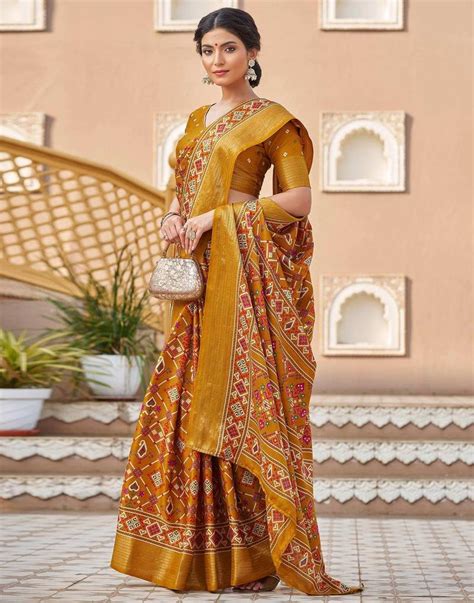 Yellow Printed Patola Silk Blend Saree Dwini 4582902