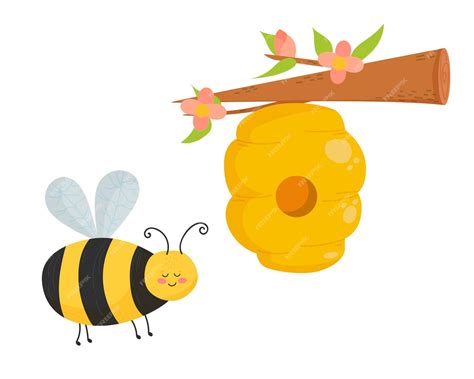 Premium Vector Yellow Honey Hive With Cute Bees Hanging On A Tree Branch Vector Image Cute