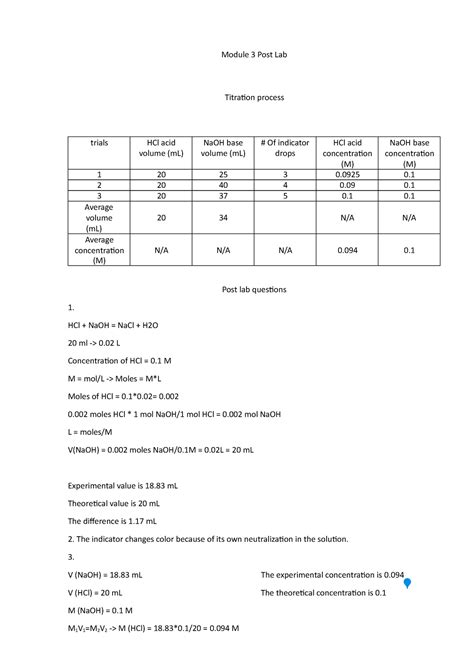 Titration Assignment Module 3 Post Lab Questions Submission Module 3 Post Lab Titration