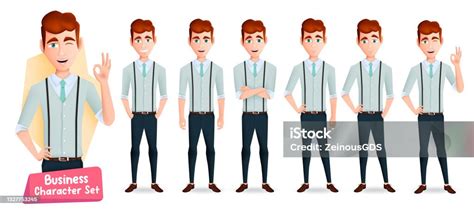 비즈니스 맨 문자 벡터 세트입니다 상사 직원 직원 만화 컬렉션 디자인에 대한 스탠딩 포즈와 괜찮은 손 제스처와 행복한 얼굴 표정의 사업가 남성 캐릭터 남자에 대한 스톡 벡터