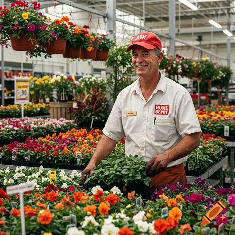 A Smiling Man In A Home Depot Shirt Holds Plants In A Garden Center