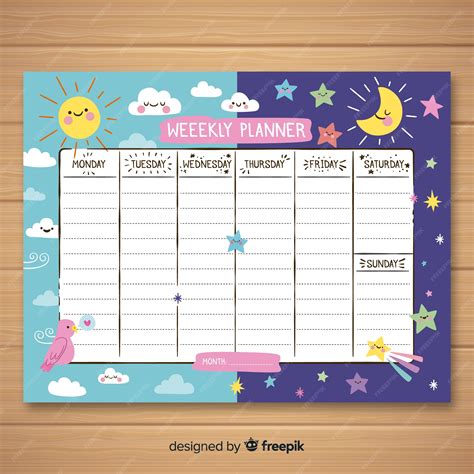 Plantilla De Horario Semanal Bonito Dibujado A Mano Vector Premium