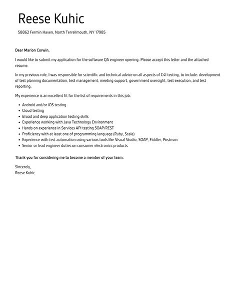Software QA Engineer Cover Letter Velvet Jobs