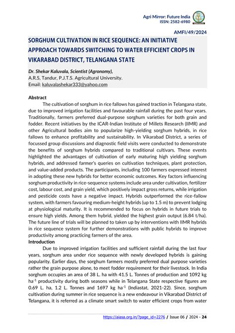Pdf Sorghum Cultivation In Sequence Switching To Water Efficient Crops