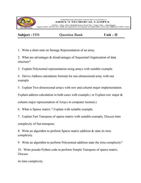 FDS Question Bank Unit What Are Advantages Disadvantages Of Sequential Organization Of