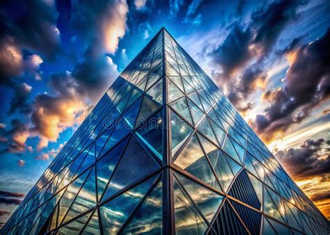 Stunning Modern Triangular Glass Facade Building Reflecting A Dramatic Sky And Clouds