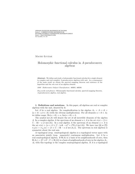 Pdf Holomorphic Functional Calculus In A Pseudoconvex Algebras