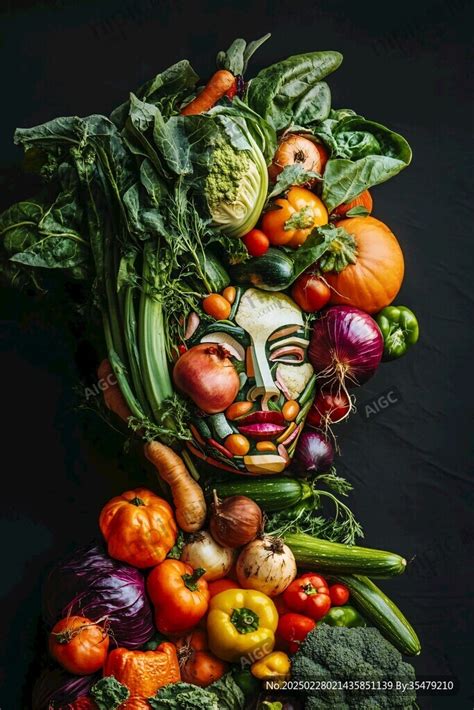 Ai创作图蔬菜艺术 创意蔬菜排列 水果和蔬菜组合 自然元素融合 食物摄影 蔬菜脸部创作 健康饮食象征 色彩斑斓的蔬菜 有机艺术 自然之美 食物艺术家 蔬菜雕塑 植物艺术 昵图网