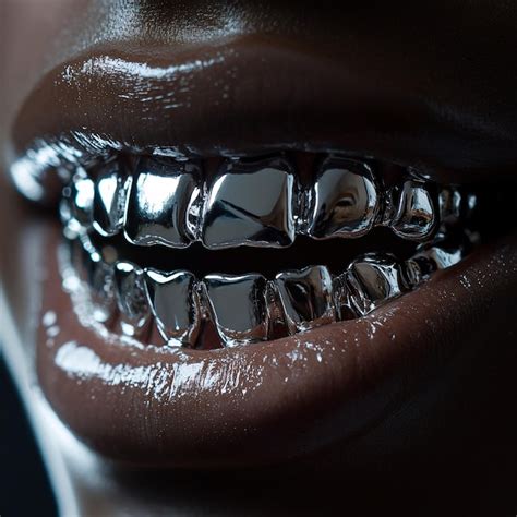 Closeup Of A Woman With Silver Teeth Grillz Smiling Showing Her Teeth