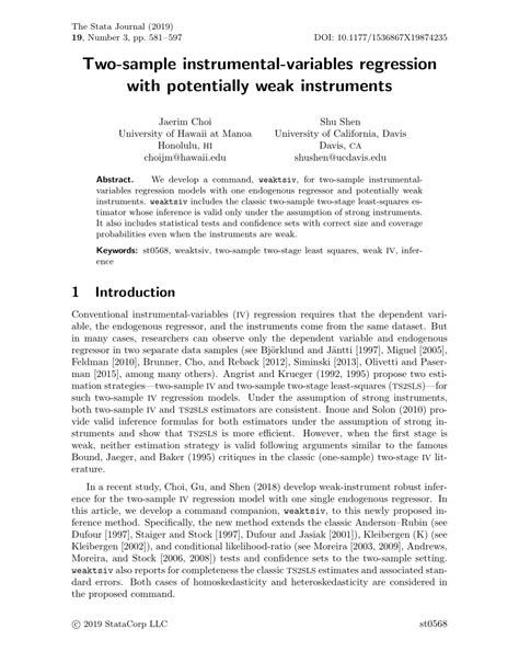 Pdf Two Sample Instrumental Variables Regression With Potentially