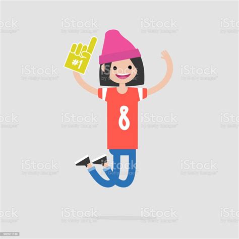 승리를 축 하 하는 젊은 밝은 축구 팬 평면 벡터 일러스트 레이 션 클립 아트 감정에 대한 스톡 벡터 아트 및 기타 이미지