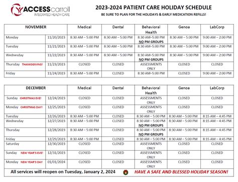 Patient Care Holiday Schedule Access Carroll