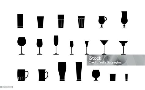 알코올 음료용 유리 컵 블랙 빈 실루엣 아이콘 세트 맥주 잔 와인 잔 컵 및 기타 음료 유리 제품에 담긴 음료 및 칵테일 유리