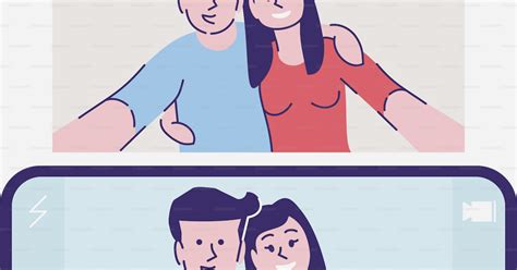 Selfie 평면 벡터 일러스트 레이 션입니다 사랑에 빠진 커플이 사진을 찍고 있습니다 미소 짓는 남자와 여자가 낭만적 인 자화상을 위해 껴안고 흰색 배경에 윤곽선