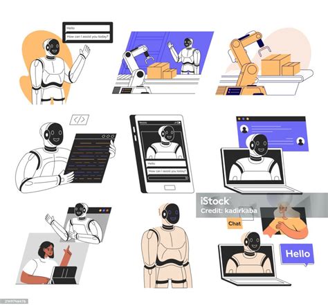 인공 지능 개념 일러스트 세트입니다 흰색 배경에 고립된 평면 벡터 일러스트레이션입니다 가상 비서 챗봇 Ai 가상 비서에 대한