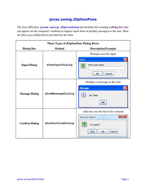 01javax swing joption pane javax swing the java api class javax swing has facilities for