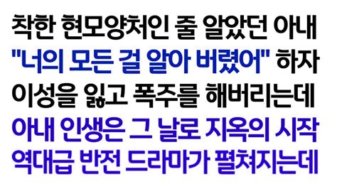 실화사연 착한 현모양처인 줄 알았던 아내 이성을 잃고 폭주를 해버리는데 아내 인생은 그 날로 지옥의 시작 역대급 반전 드라마가 펼쳐지는데 ㅣ라디오드라마ㅣ사이다사연ㅣ
