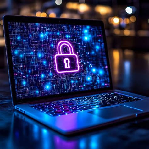 Modern Cybersecurity Laptop With Digital Lock And Data Visualization Stock Illustration