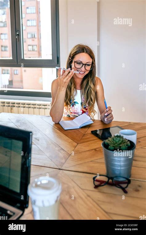 Office Worker Talking Mobile Phone With Speaker Stock Photo Alamy