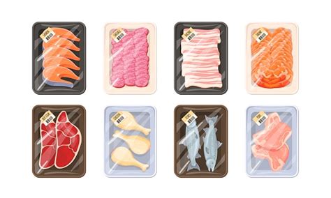 슈퍼마켓 고기 패키지 폴리에틸렌 플라스틱 용기 저장 상점 음식 쇠고기 베이컨 돼지 고기 소시지 진공 트레이 도살 제품 벡터 일러스트 레이 션에 포장 된 생선 또는 냉동