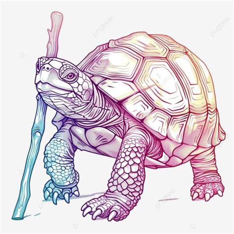 차가운 그라데이션 선 그리기 지팡이가 있는 귀여운 늙은 거북이 낡은 거북이 남생이 Png 일러스트 및 이미지 에 대한 무료