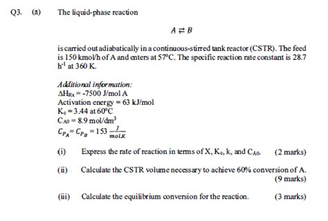 [solved] The Liquid Phase Reaction [ A Rightleftarrows