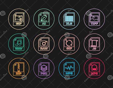 Set Line Mp3 File Document Js Xls Raw Wav  And Ai Icon Vector Stock Vector