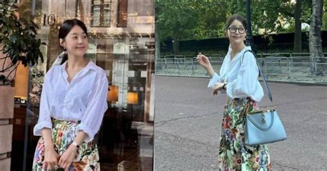 한지혜 런던서 센스만점 스타일링 스카프 머리에 묶고 청순한 셔츠 롱스커트