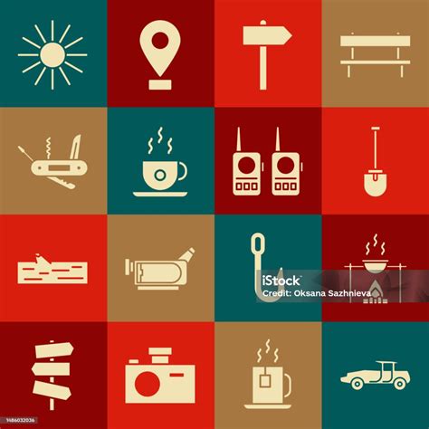 자동차 모닥불 냄비 삽 도로 교통 표지판 커피 컵 스위스 군용 칼 태양 및 워키토키 아이콘을 설정합니다 벡터 거리에 대한 스톡 벡터 아트 및 기타 이미지 Istock