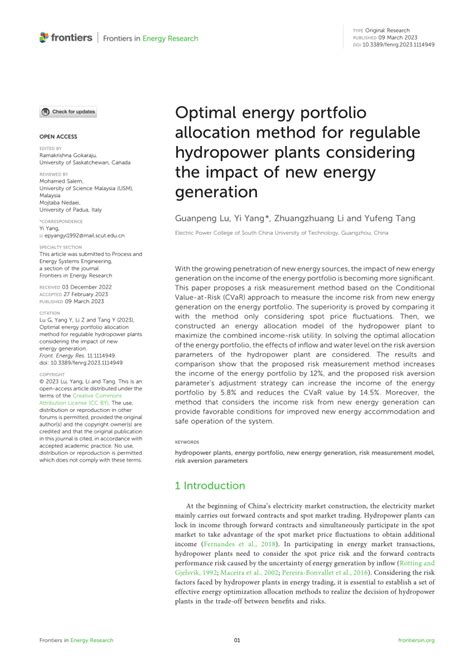 Pdf Optimal Energy Portfolio Allocation Method For Regulable Hydropower Plants Considering The