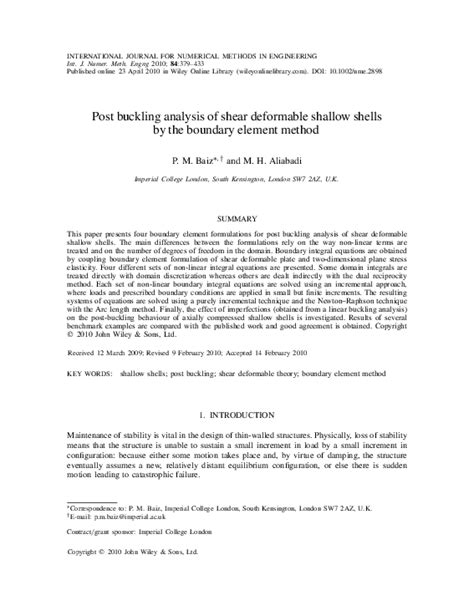 Pdf Post Buckling Analysis Of Shear Deformable Shallow Shells By The Boundary Element Method