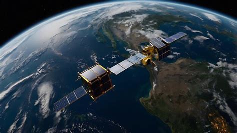 A Satellite Orbits Above Earth Showcasing A Stunning View Of Our Planet Generative Ai Premium