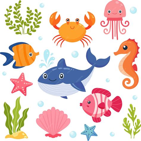 만화 플래트 스타일 의 해양 생물 세트 프리미엄 벡터
