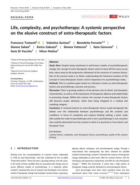 Pdf Life Complexity And Psychotherapy A Systemic Perspective On The Elusive Construct Of