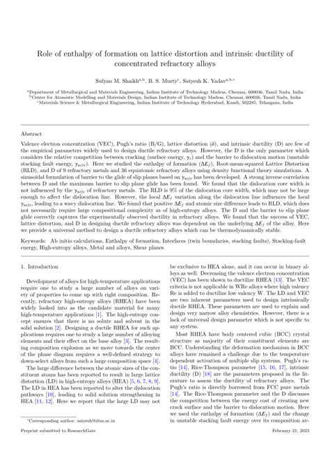 Pdf Role Of Enthalpy Of Formation On Lattice Distortion And Intrinsic