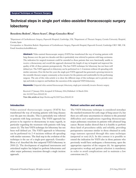 Pdf Technical Steps In Single Port Video Assisted Thoracoscopic