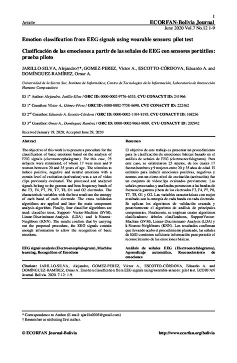 Pdf Emotion Classification From Eeg Signals Using Wearable Sensors Pilot Test Clasificación