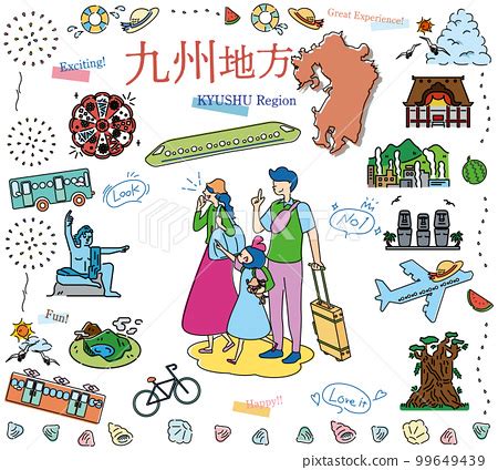 享受日本九州地區夏季特產觀光的一家三口圖標集線描 插圖素材 99649439 PIXTA圖庫