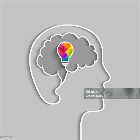 사람의 머리 실루엣 두뇌 윤곽선 및 창의적인 아이디어 개념으로 색상이 있는 전구 창의적 사고와 창의성 상징으로 다채로운 전구 개념에 대한 스톡 벡터 아트 및 기타 이미지