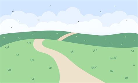 Premium Vector Cute Kawaii Green Meadow Grassland With Clouds